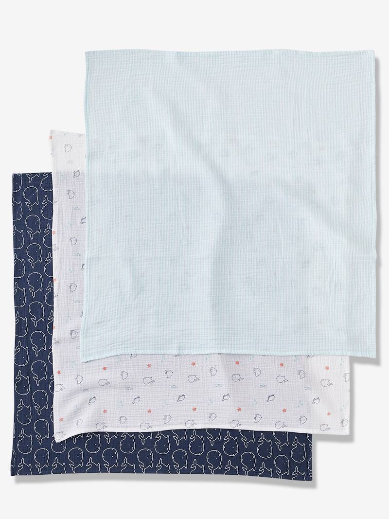 Pack of 3 Muslin Squares, Eau Salée - blue/print, Nursery | Vertbaudet
