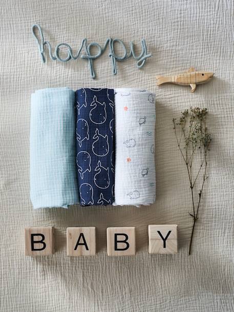 Pack of 3 Muslin Squares, Eau Salée - blue/print, Nursery | Vertbaudet