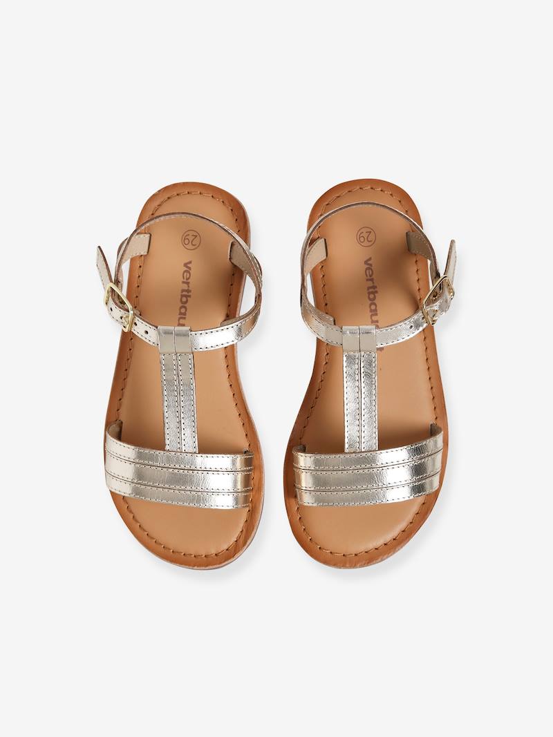 Leather Sandals for Girls - yellow light metallized, Shoes | Vertbaudet