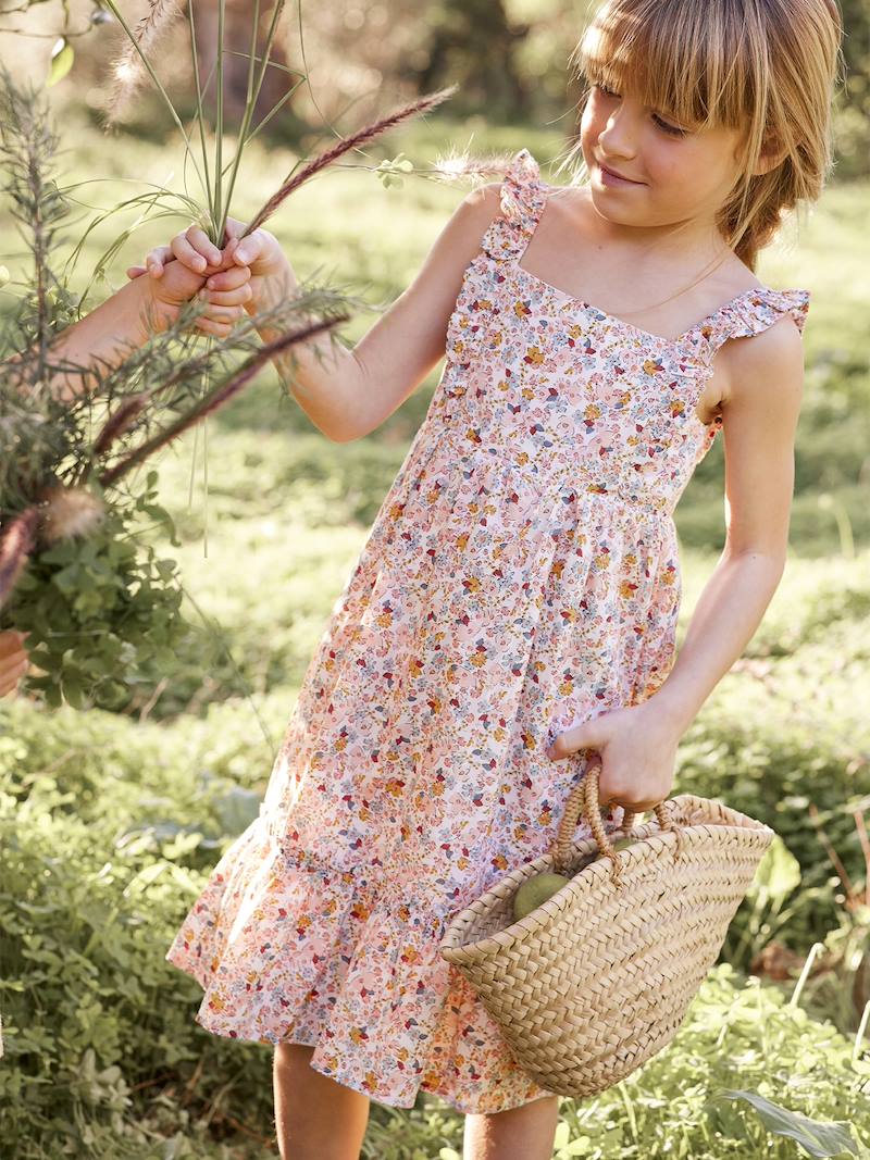Long Dress with Ruffled Straps for Girls - yellow dark all over printed ...