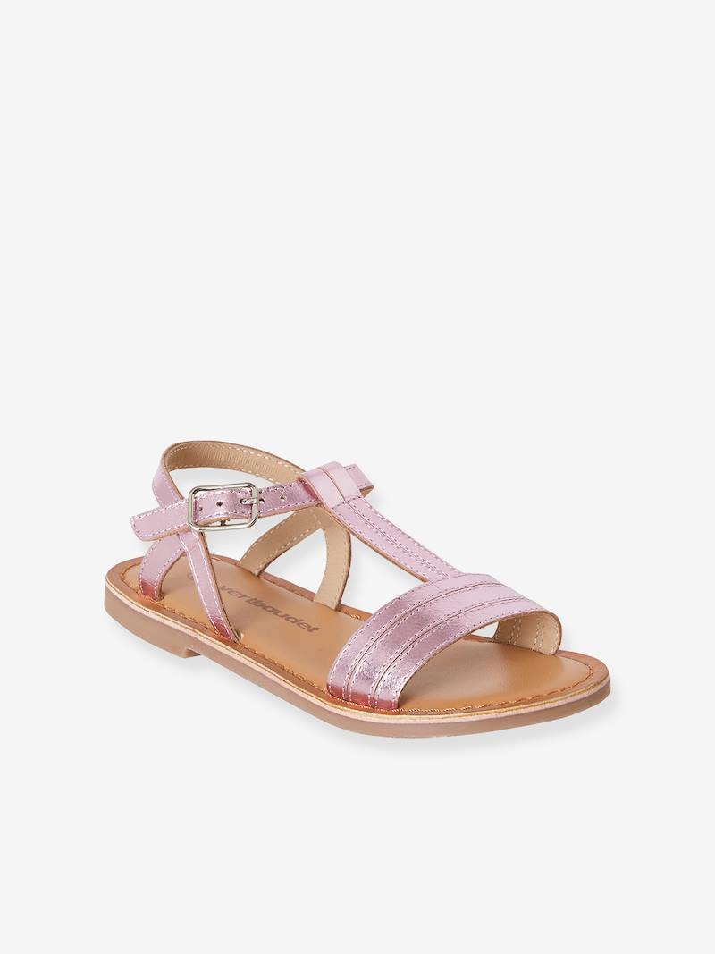 Leather Sandals for Girls - yellow light metallized, Shoes | Vertbaudet
