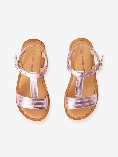 Leather Sandals for Girls - yellow light metallized, Shoes | Vertbaudet