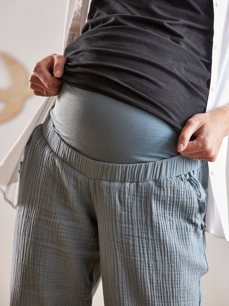 Maternity Trousers in Cotton Gauze - green medium solid, Maternity ...