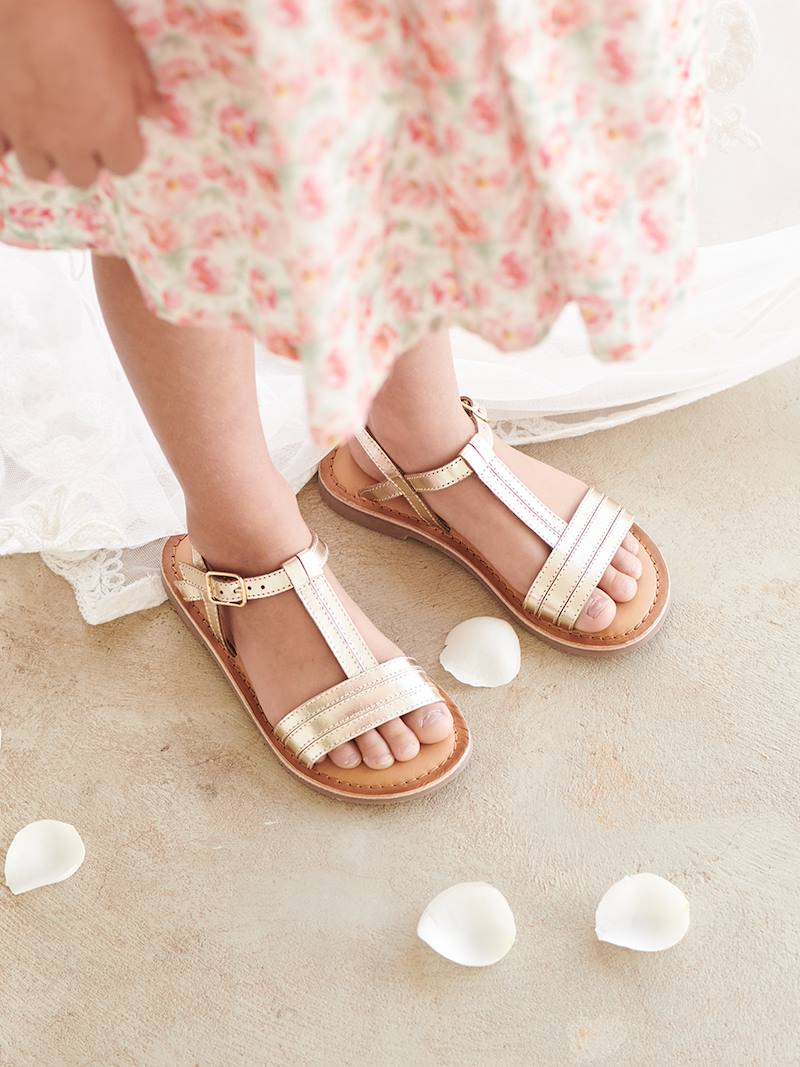 Leather Sandals for Girls - yellow light metallized, Shoes | Vertbaudet
