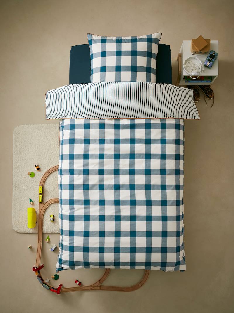 Children's Duvet Cover + Pillowcase Set, Checks - blue dark all over ...