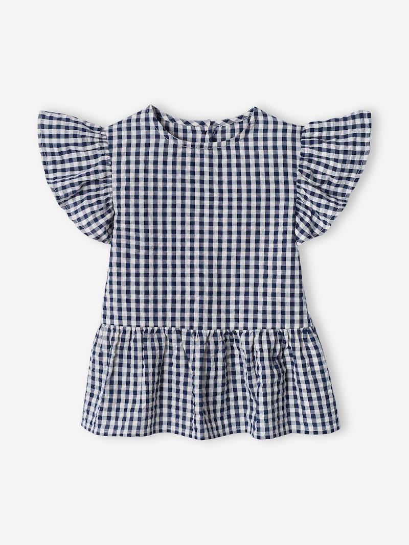 Ruffled Blouse with Gingham Checks, for Girls - chequered navy blue ...