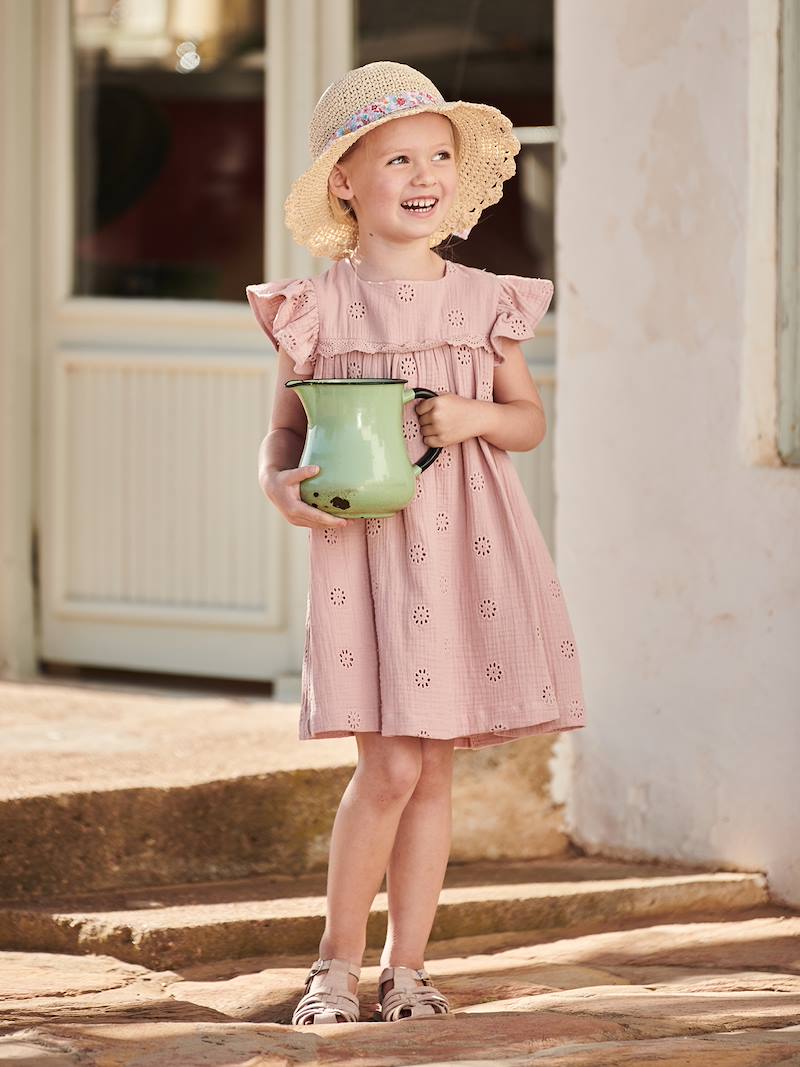 Cotton Gauze Dress with Embroidered Flowers, for Girls - vanilla, Girls ...