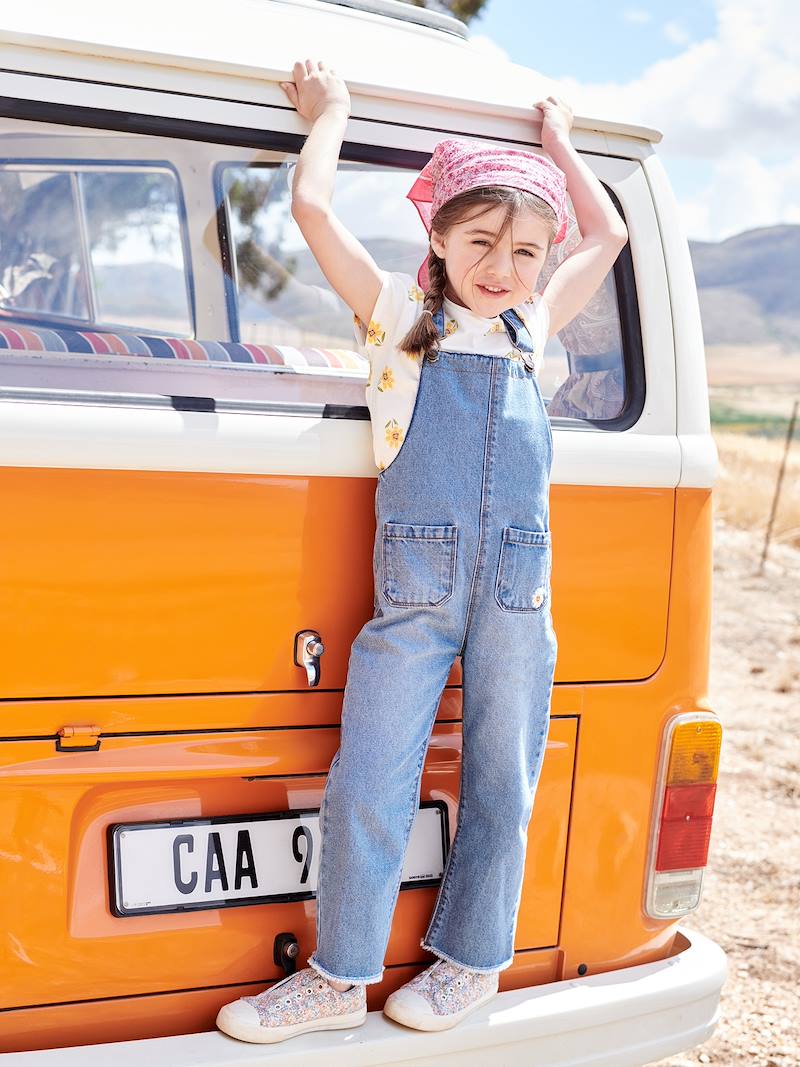 Denim Dungarees with Embroidered Flower Detail for Girls - stone, Girls ...