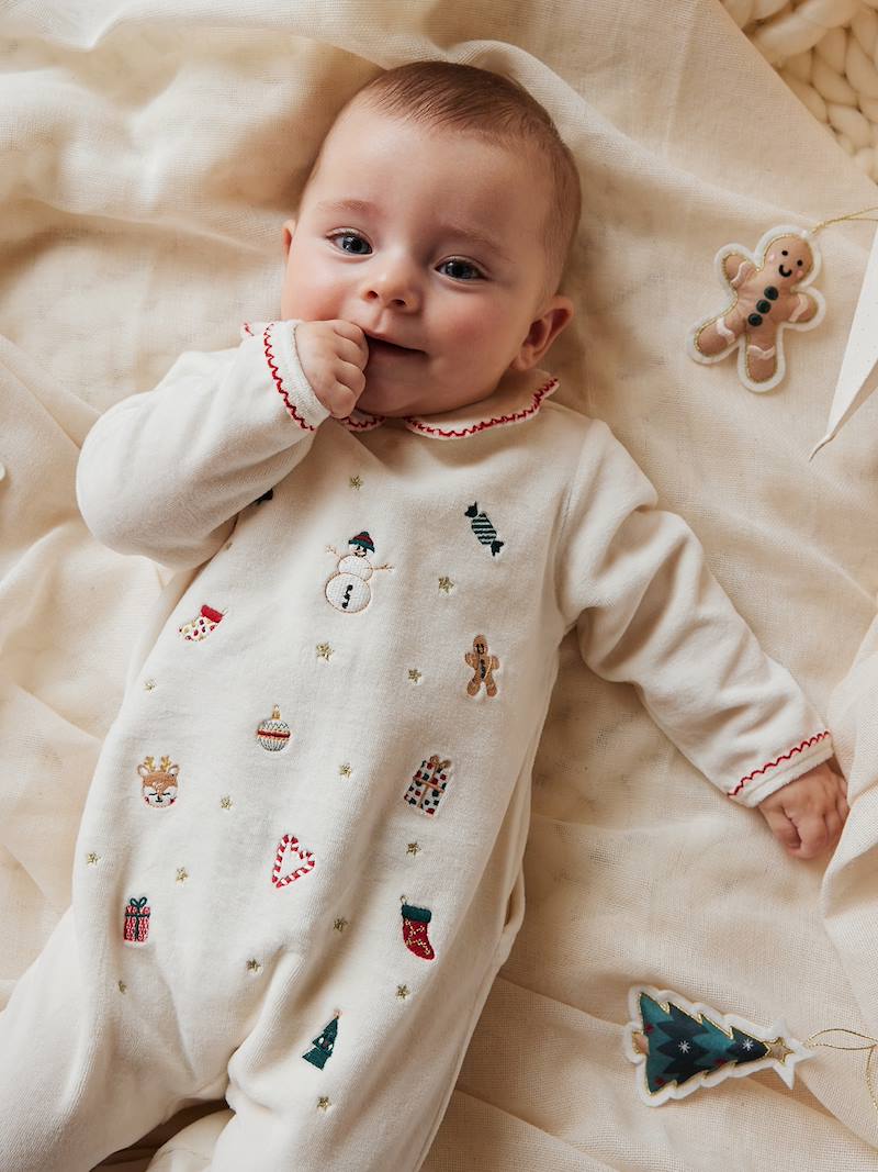 Embroidered Christmas Velour Sleepsuit for Babies - ecru, Baby | Vertbaudet