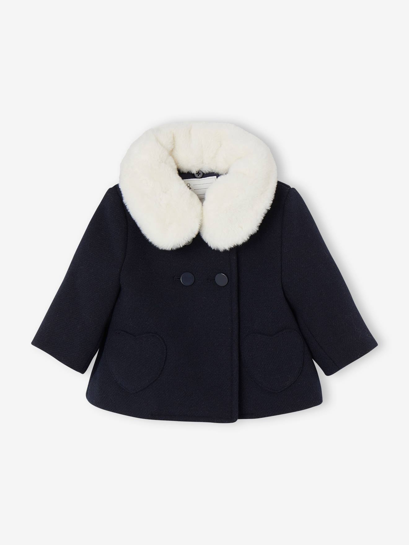 Woollen Fabric Coat Detachable Faux Fur Collar for Babies navy blue