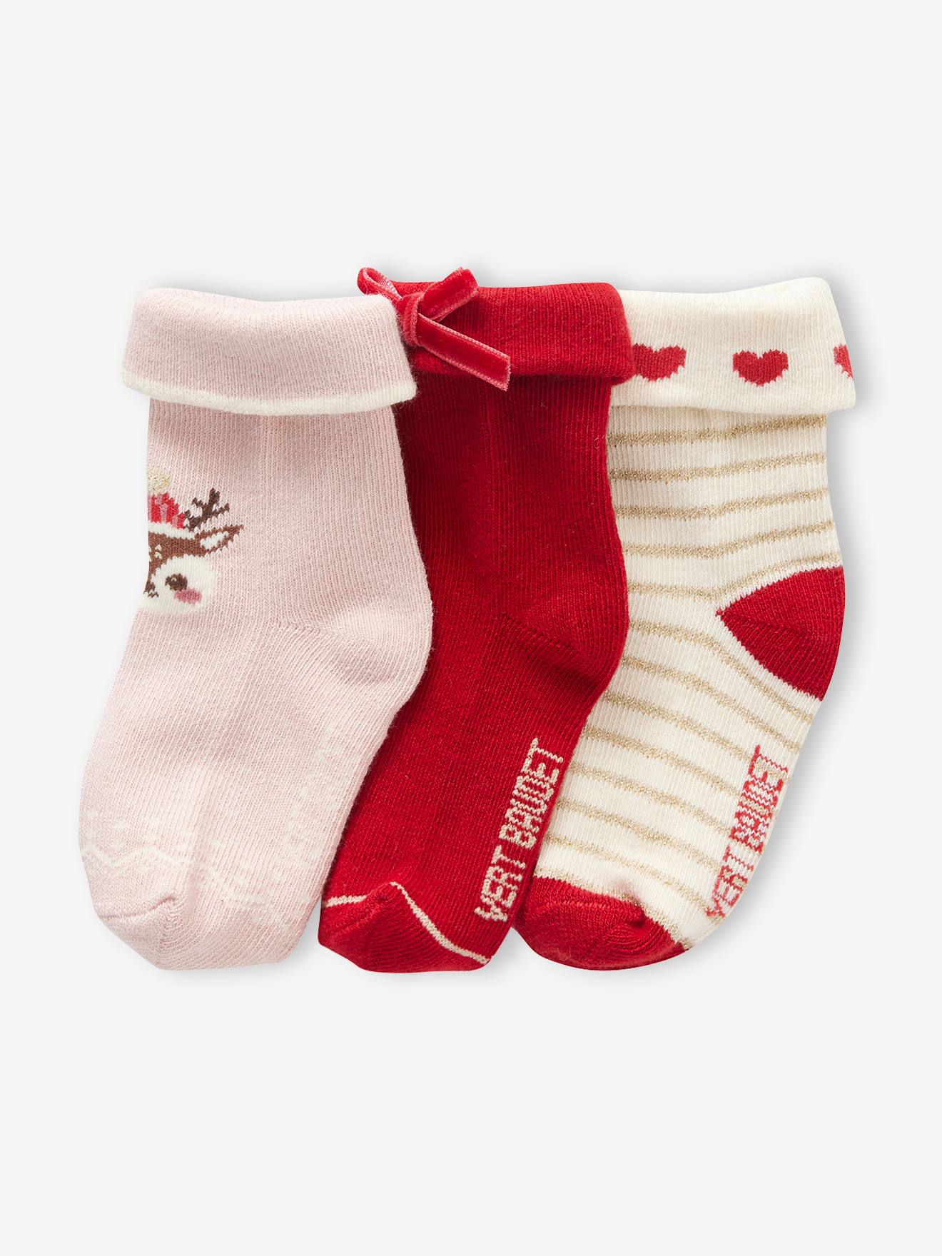 Pack of 3 Pairs of Christmas Socks for Baby Girls rosy